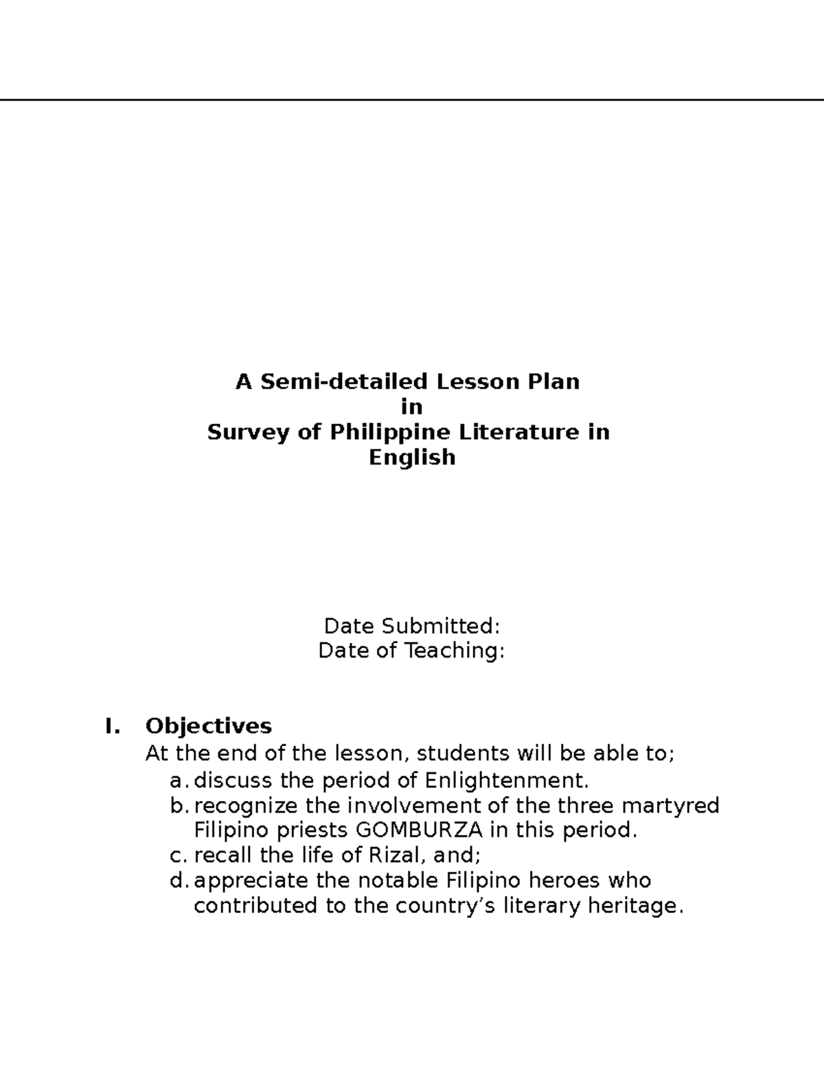 Lesson Plan: Enlightenment Period in Philippine Literature (LIT101 ...