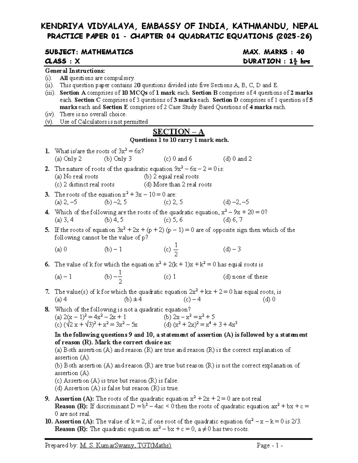 Maths Class X Chapter 04 Quadratic Equations Practice Paper 01 2025 ...