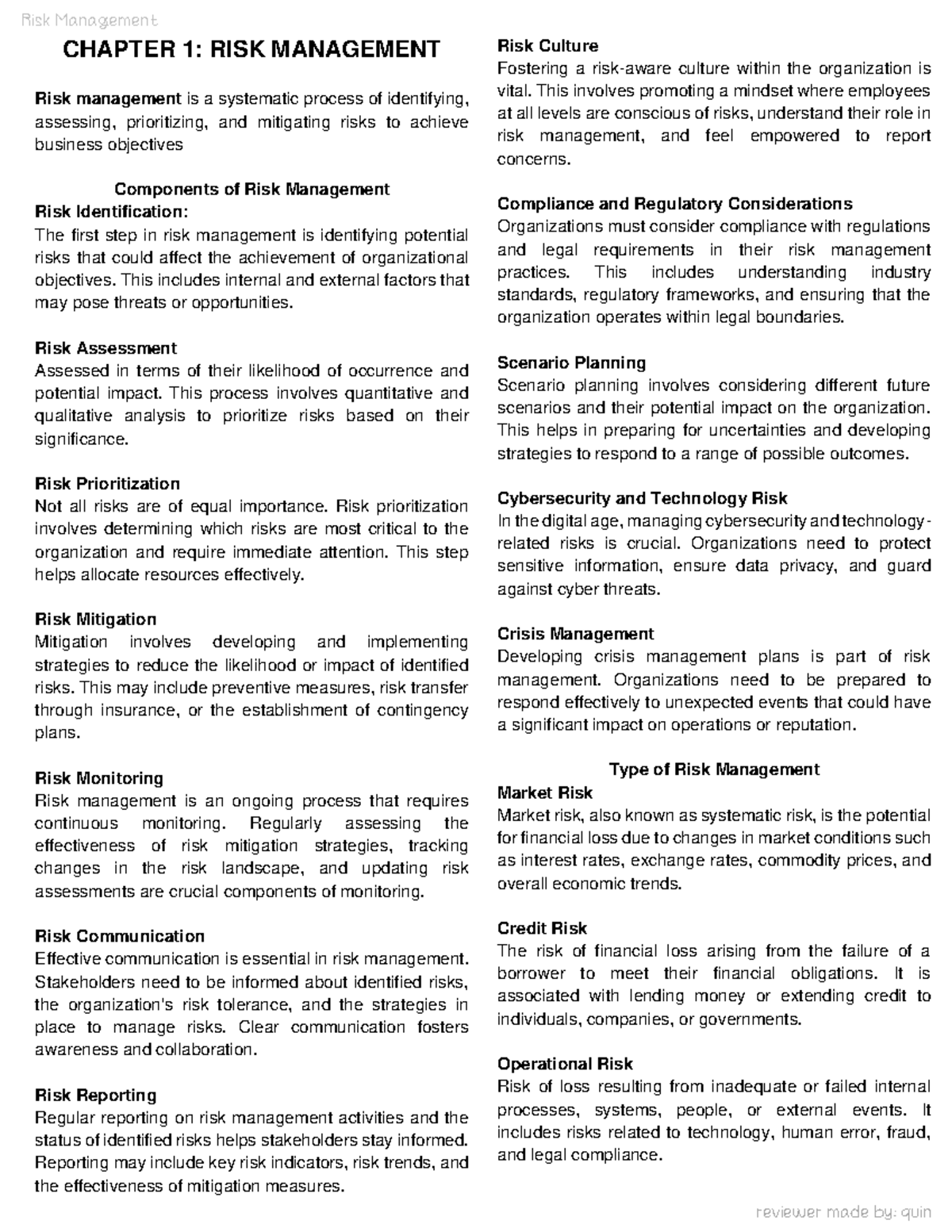 Chap 1-4: Comprehensive Overview of Risk Management Concepts - Studocu