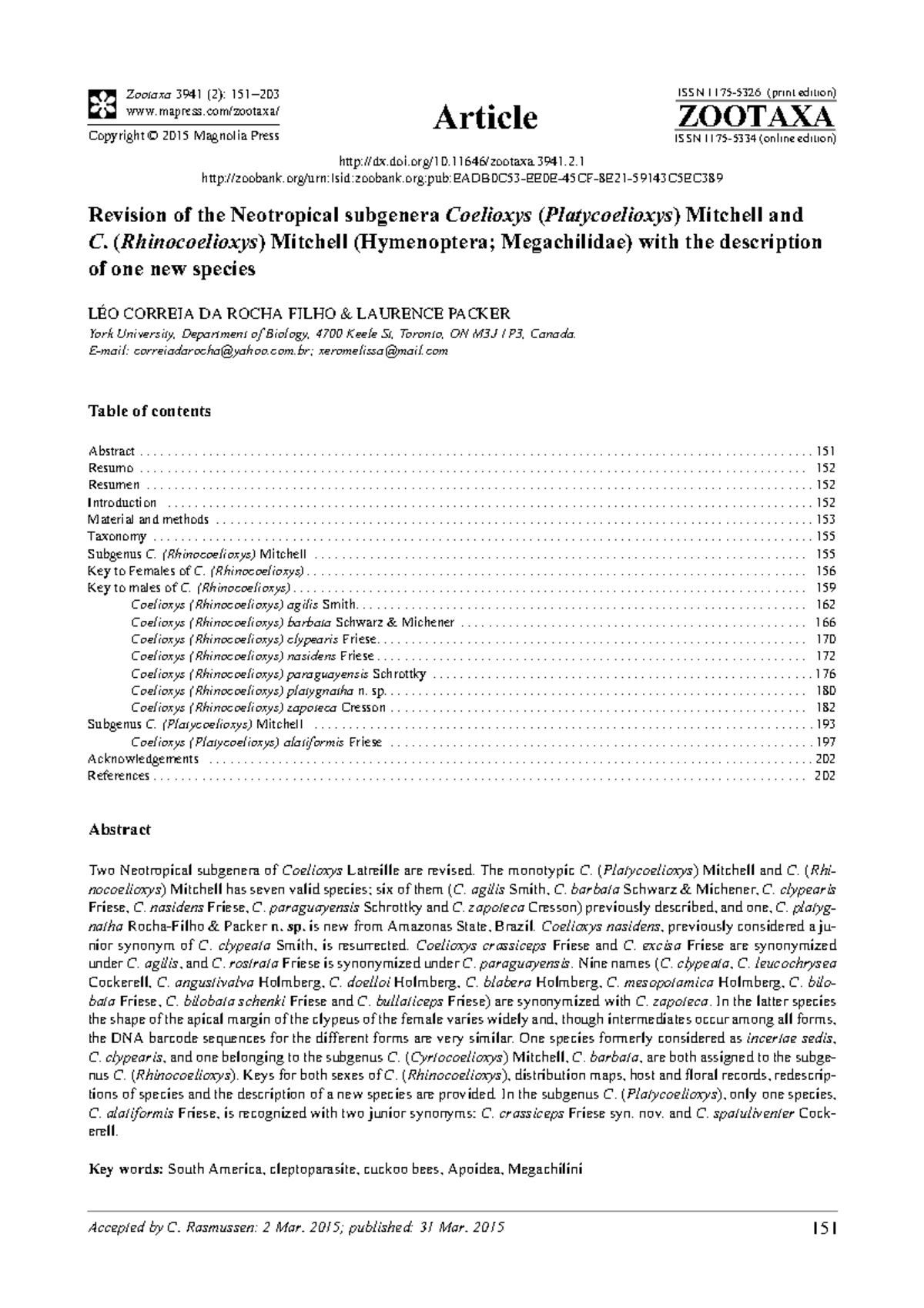 Revision of Neotropical Coelioxys Subgenera: C. (Platycoelioxys) & C ...