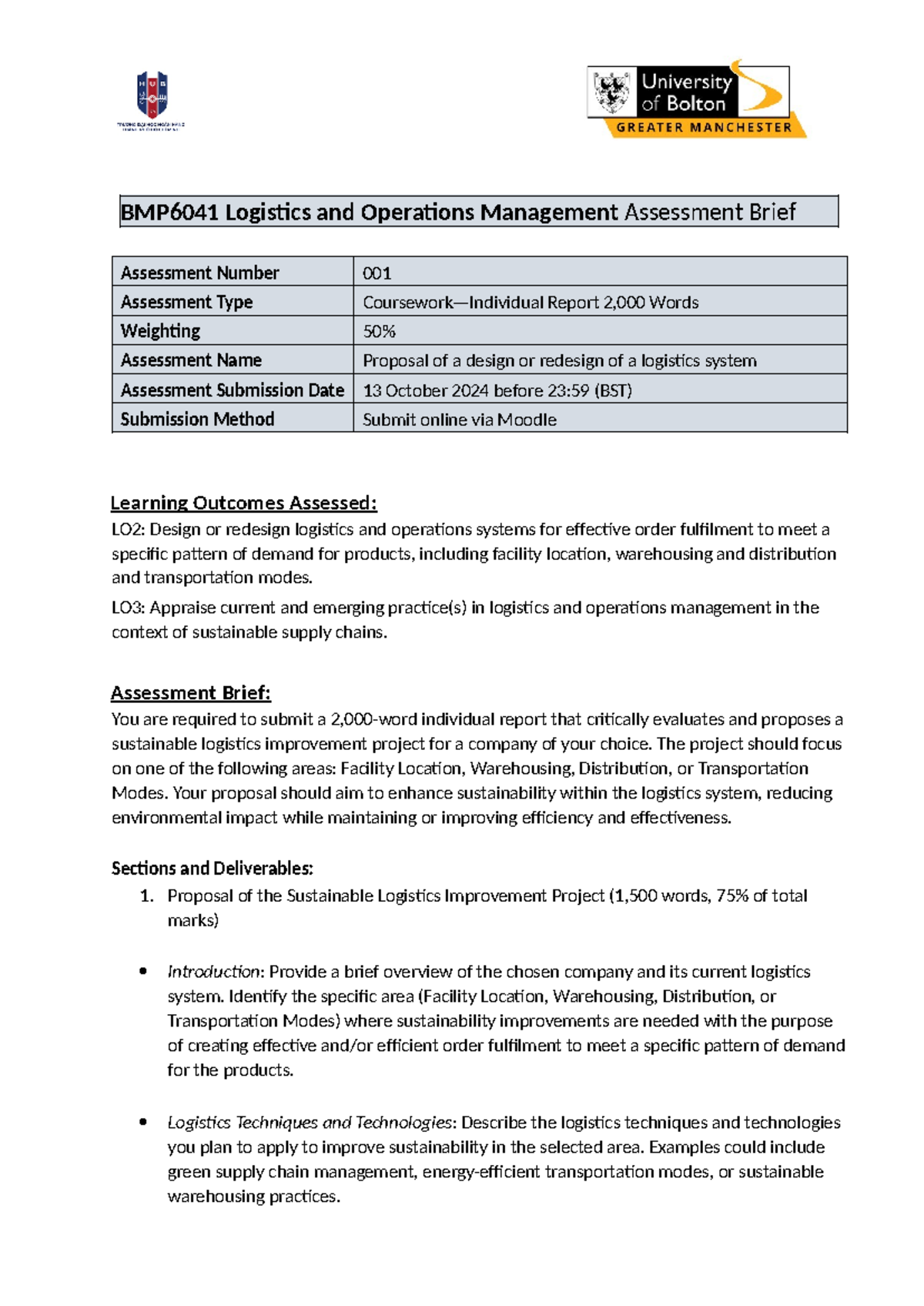 BMP6041 Assignment 1 Brief - BMP6041 Logistics and Operations ...