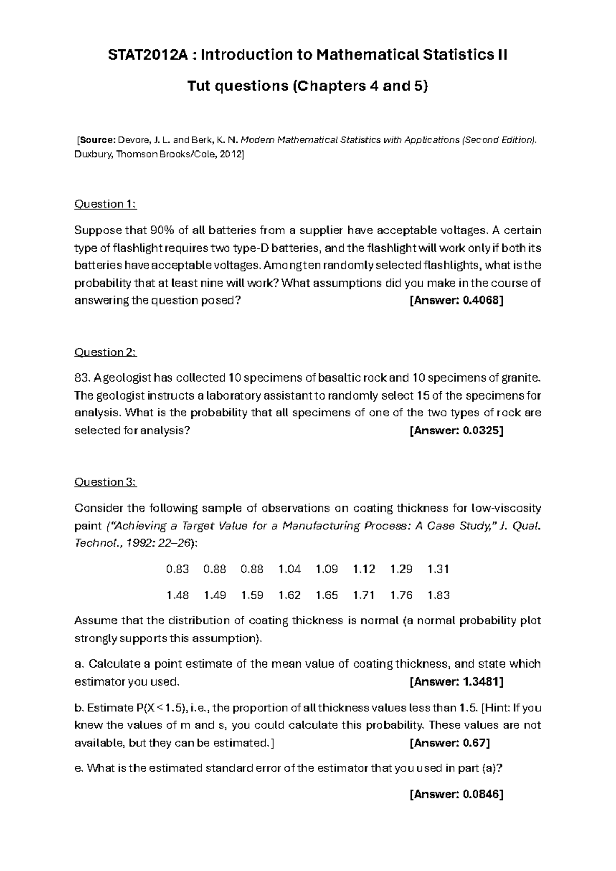STAT2012A: Tut Questions on Mathematical Statistics II (Ch 4 & 5) - Studocu