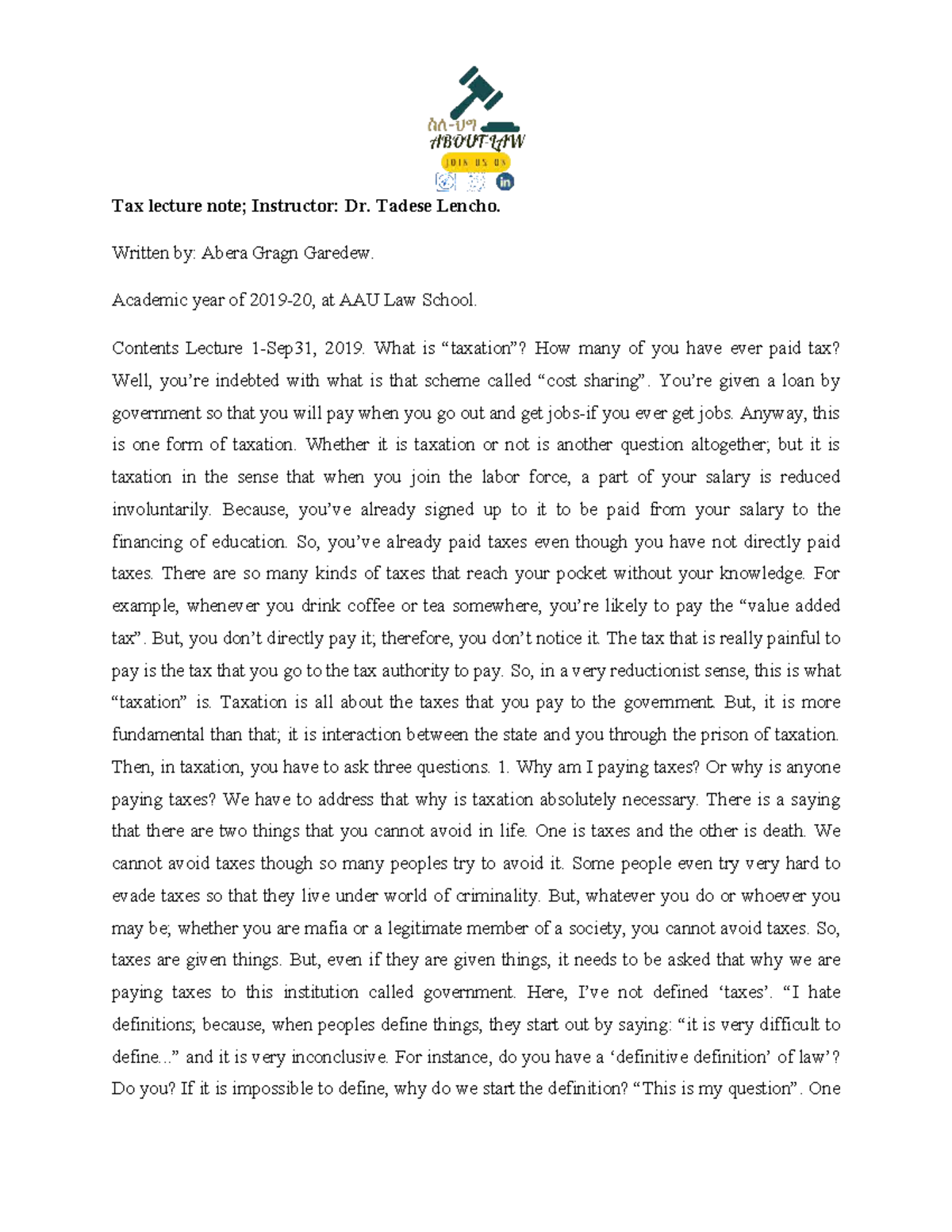 Tax Lecture Notes: Understanding Taxation Principles by Dr. Taddese ...
