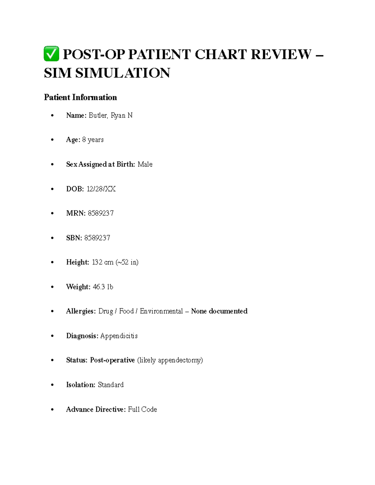 Patient Chart Review Simulation: Ryan Butler, Age 8 - Appendectomy Case ...