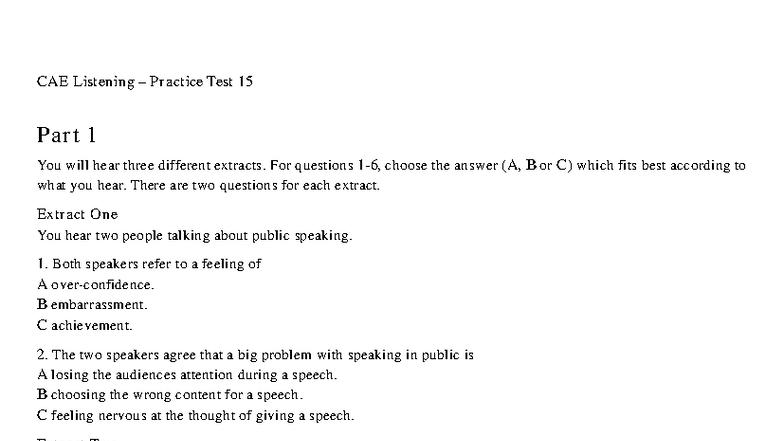 CAE Listening Practice Test 15: Extracts and Questions - Studocu