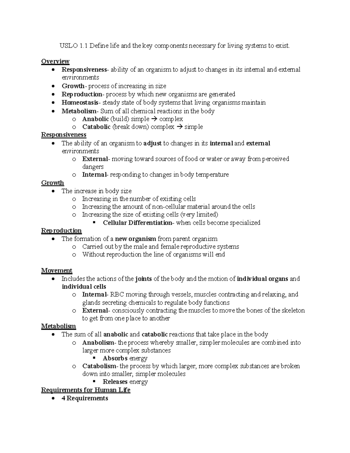 Chapter 1 Anatomy: Key Concepts in Living Systems (USLO 1.1 - 1.5 ...