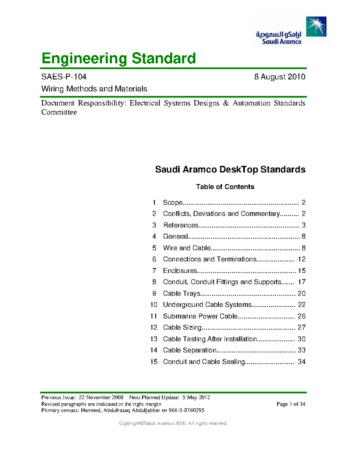 SAES-P-104: Wiring Methods and Materials Standard (Aug 2010) - Studocu