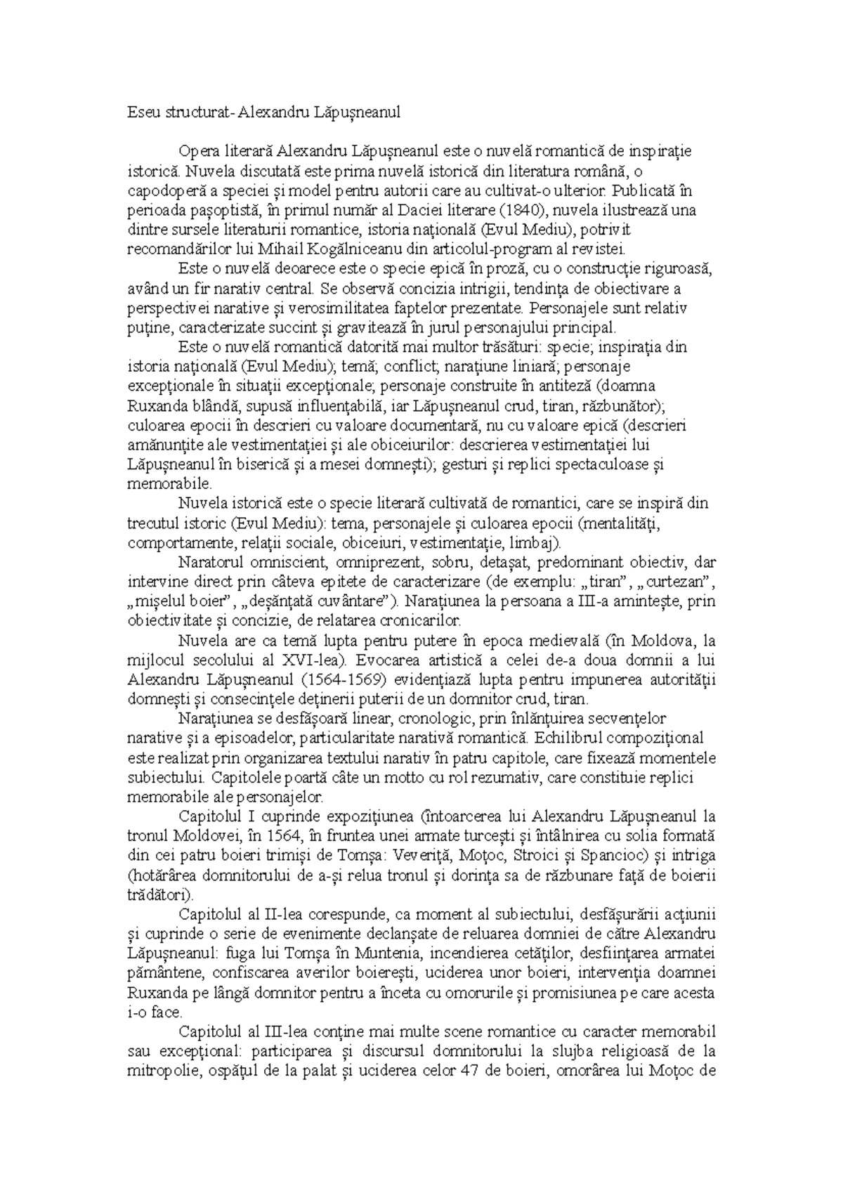 Eseu Structurat: Analiza Nuvelei 'Alexandru Lăpușneanul' - Studocu