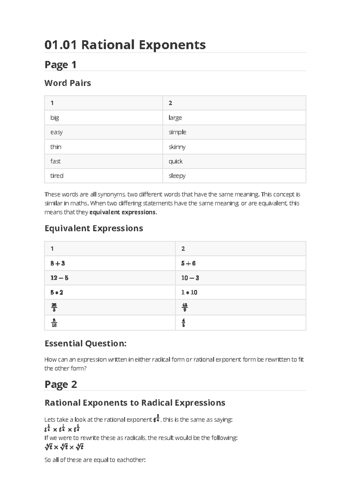 Algebra 2 01 Notes: Understanding Rational Exponents & Complex Numbers ...