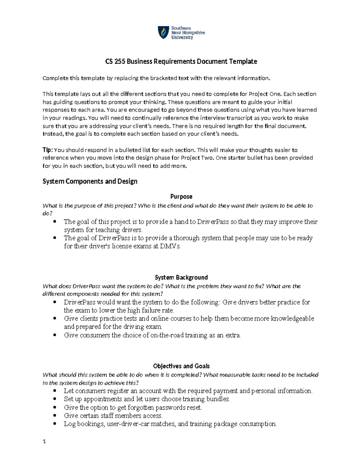 CS 255 - Module 1 Assignment: Business Requirements Document Template ...