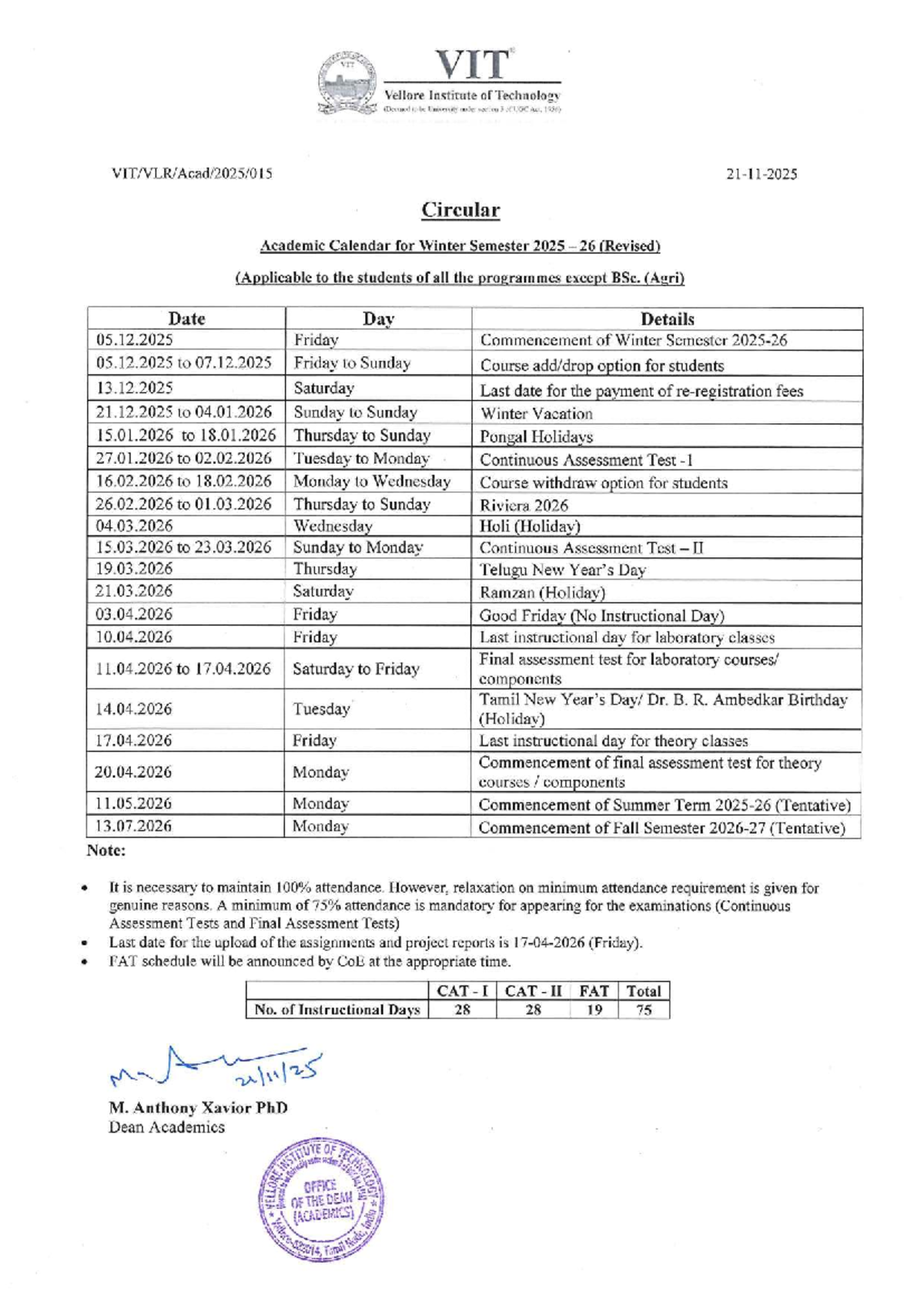 VIT Winter Semester 2025-26 Academic Calendar (Revised) - Studocu