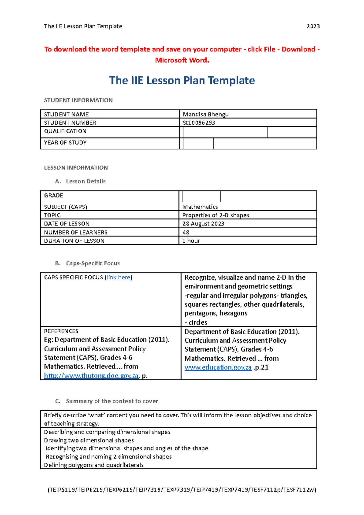 MT104 2D Shapes Co-Teaching Lesson Plan for Grade 4 Mathematics - Studocu