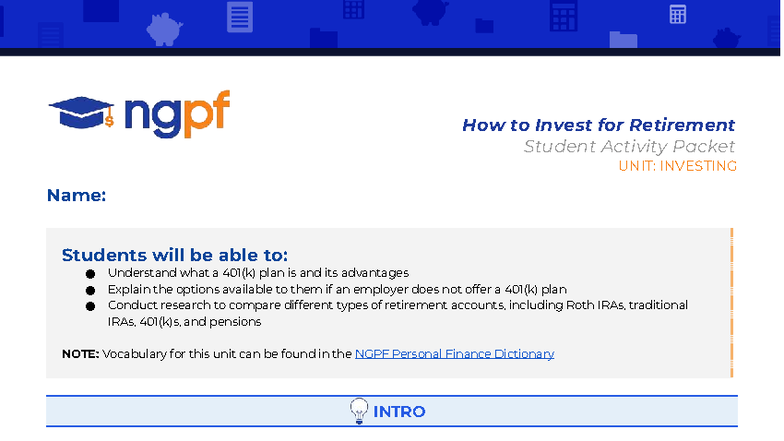 Investing for Retirement: Student Activity Packet (Unit: Investing ...