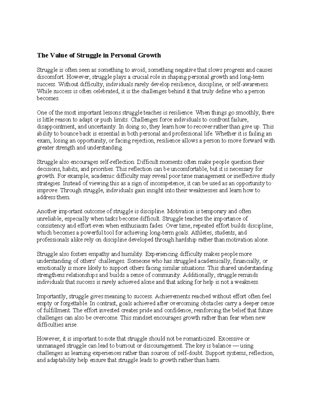 The Role of Struggle in Personal Growth - Essay 563 - Studocu