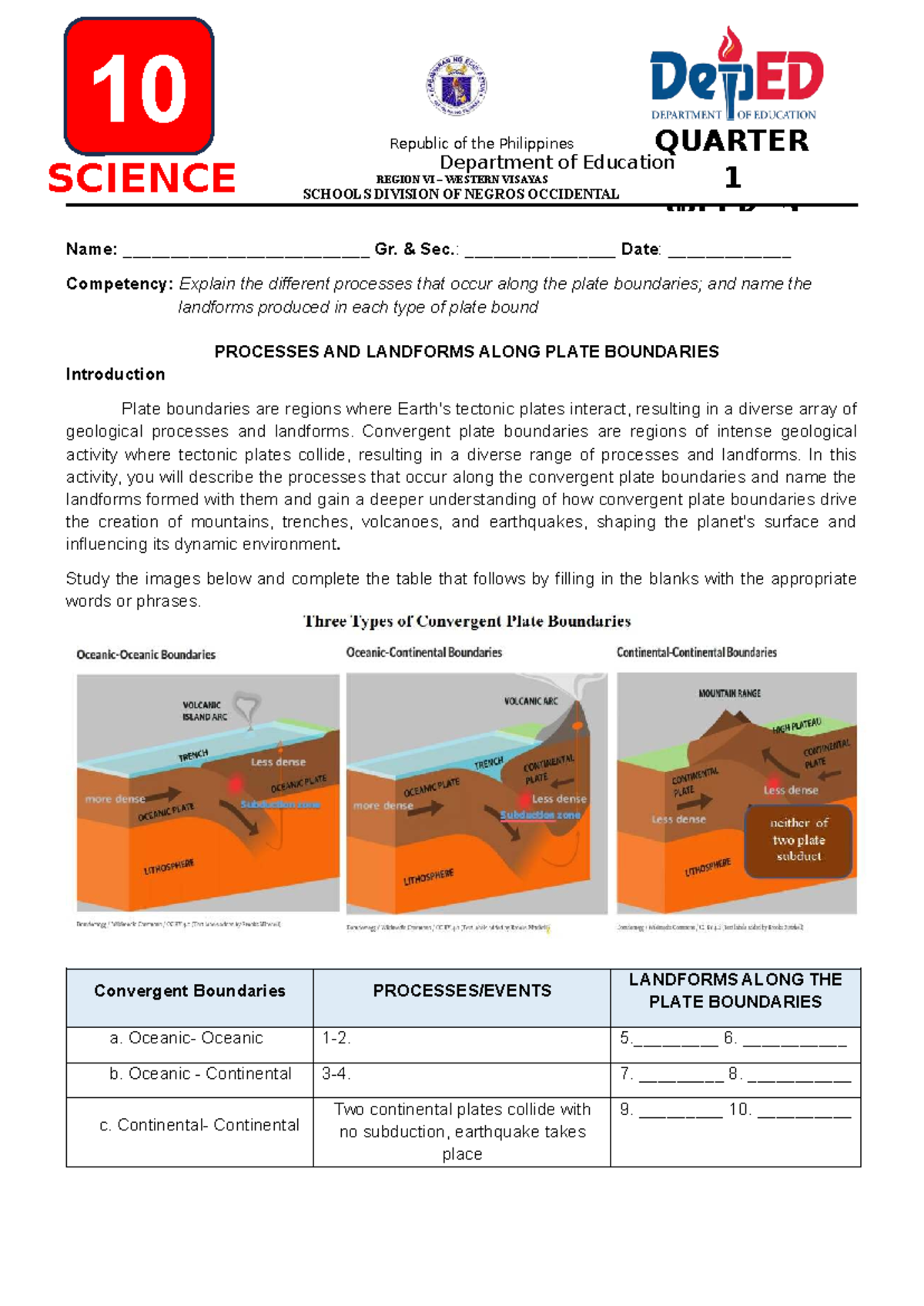 Science 10 Q1 W3: Processes & Landforms at Plate Boundaries - Studocu