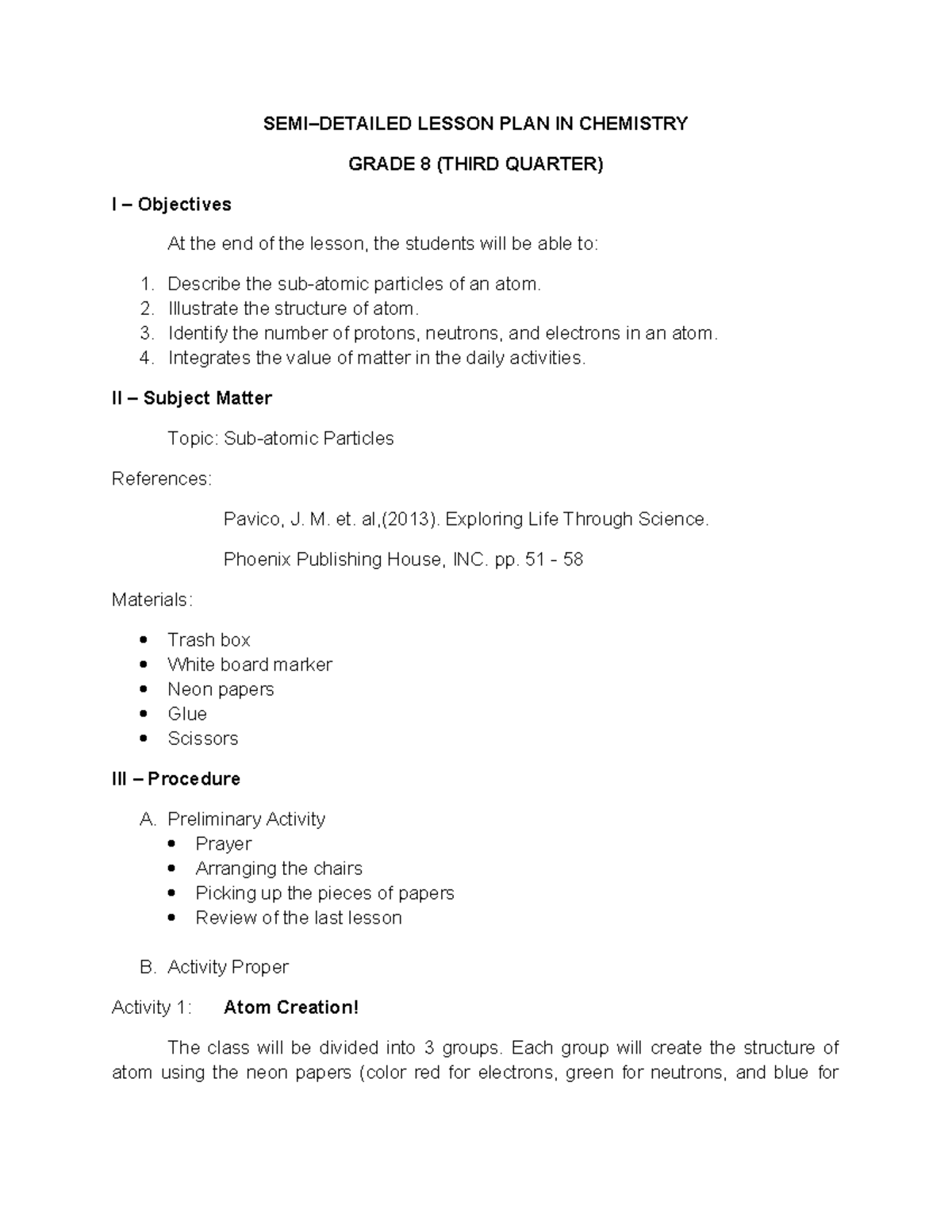 Atom LP - Semi-Detailed Lesson Plan on Sub-Atomic Particles for Grade 8 ...
