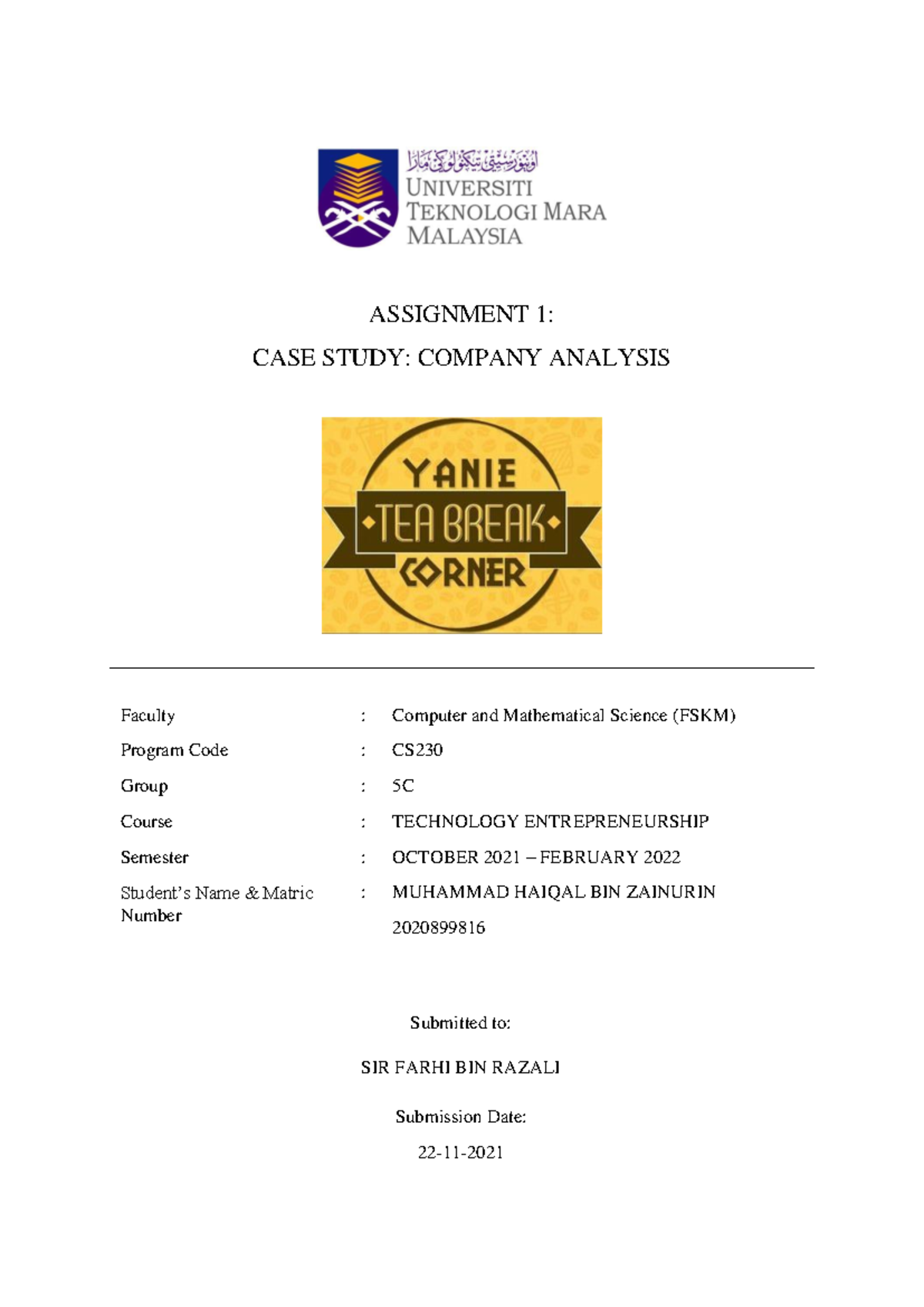 UiTM_Case Study on YTBC Company Analysis (ENT600, CS230, 2021) - Studocu