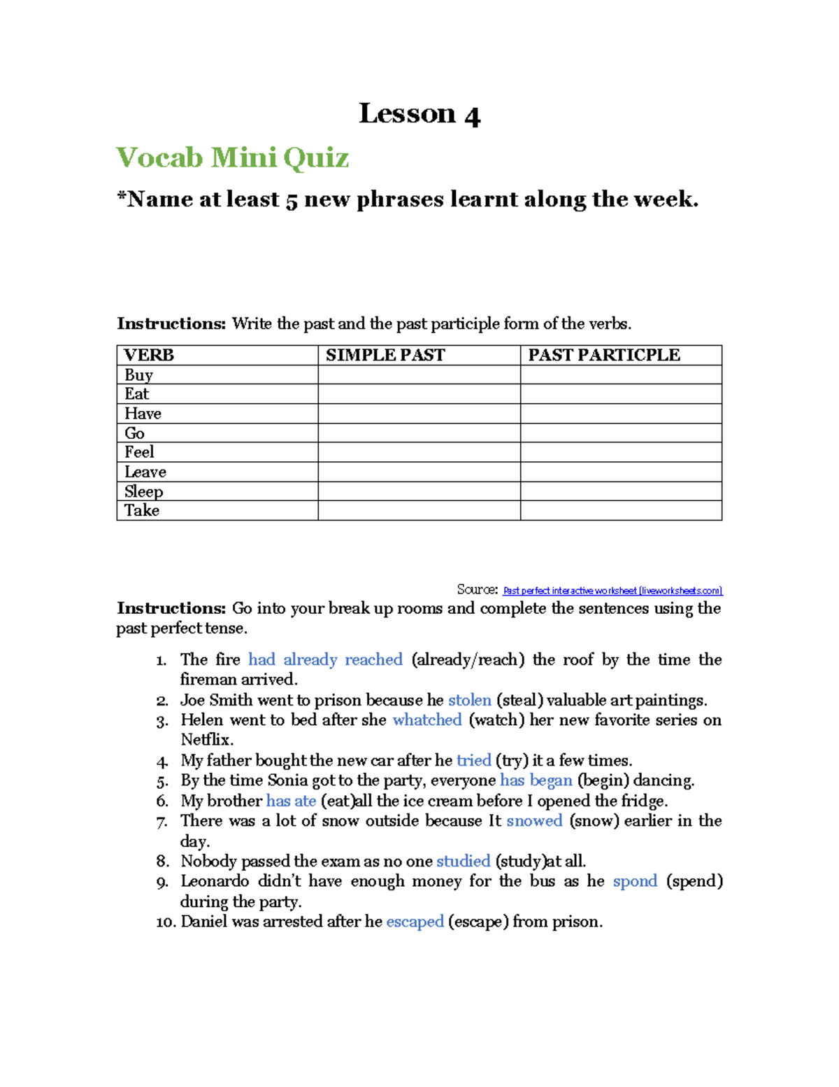Lesson 4 - Vocab Mini Quiz: Past & Past Participle Forms - Studocu