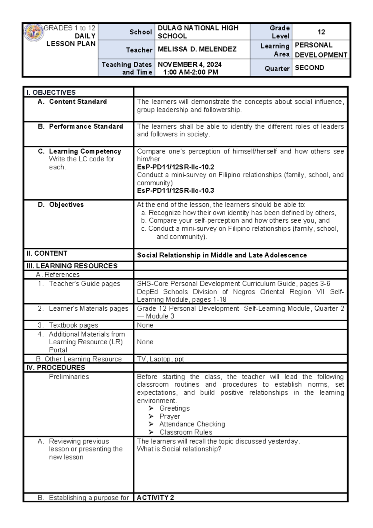 4 DLP IN Perdev - GRADES 1 to 12 DAILY LESSON PLAN School DULAG ...