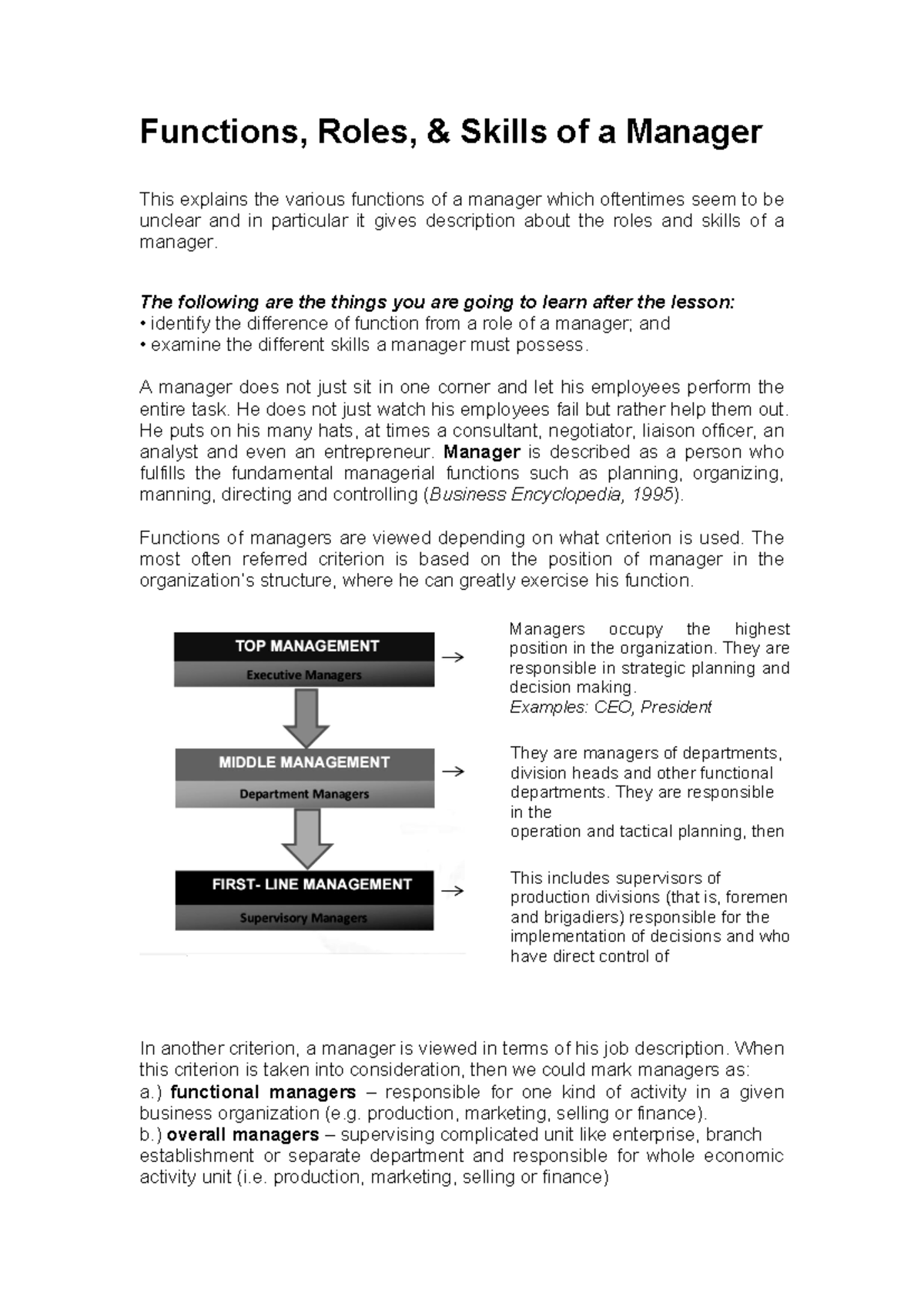 Chapter 2: Functions, Roles & Skills of a Manager Analysis - Studocu