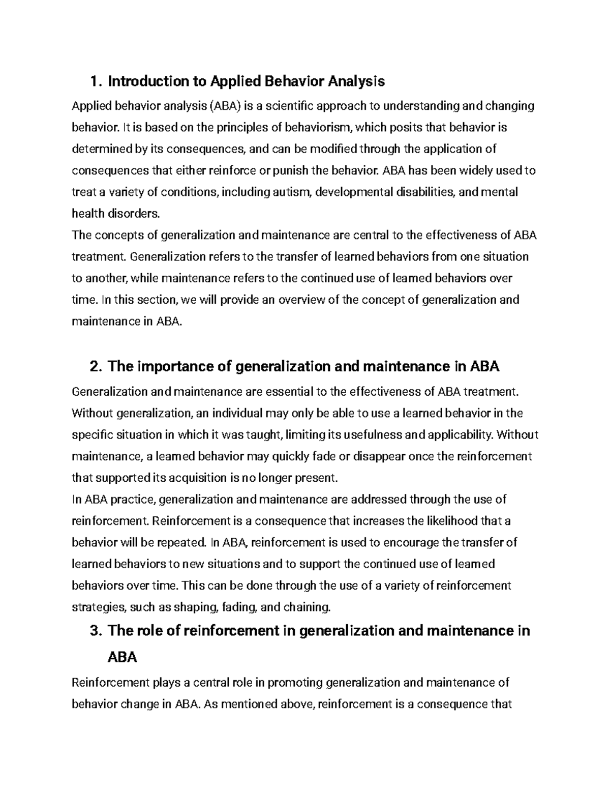 Generalization and Maintenance in ABA: Strategies and Limitations - Studocu