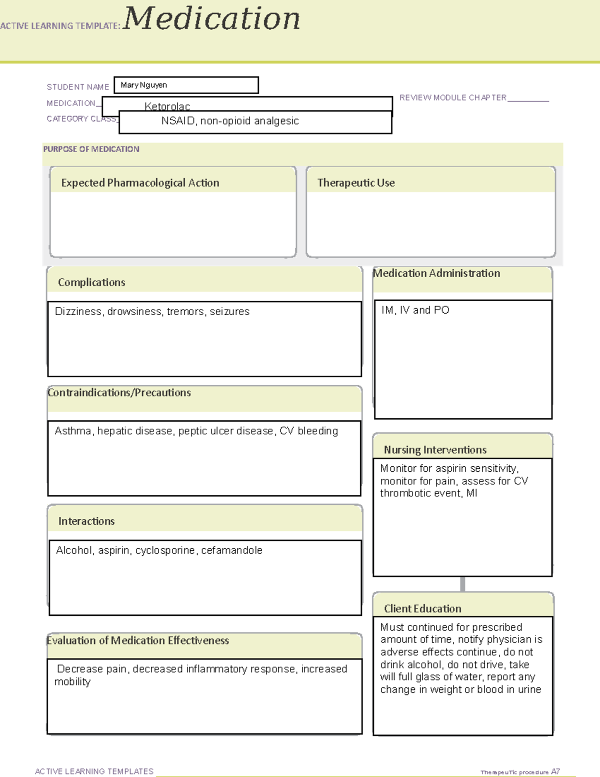 Ketorolac Medication Card - Active Learning Template Guide - Studocu