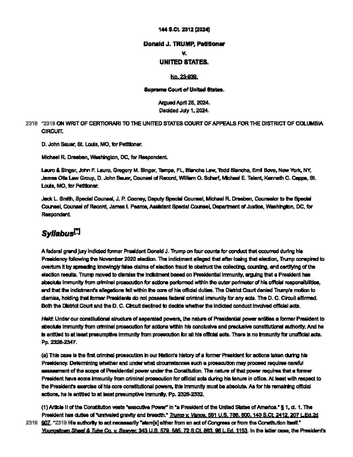 Supreme Court Case Analysis: Trump v. United States, 144 S. Ct. 2312 ...
