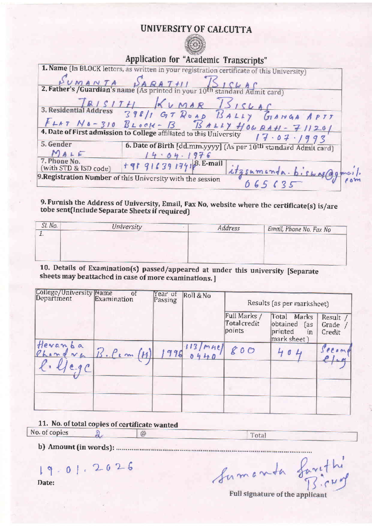 UNIVERSITY OF CALCUTTA Transcript Application Form Instructions - Studocu