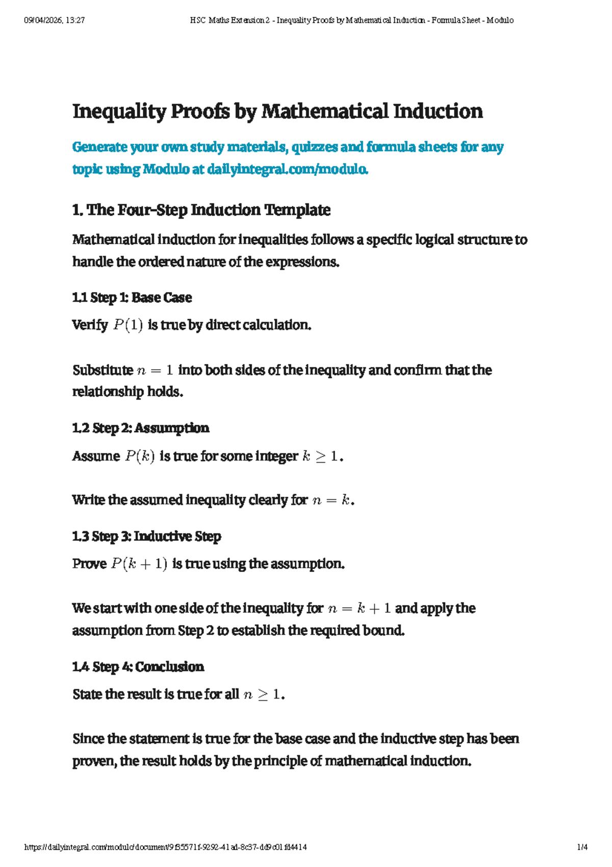 HSC Maths Extension 2 - Inequality Proofs & Induction Formula Sheet ...