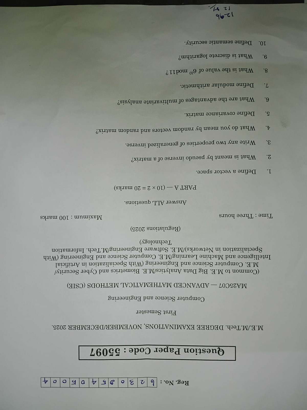 MA25C07 Advanced Mathematical Methods Exam QP 55097 - 1st Sem 2025 ...