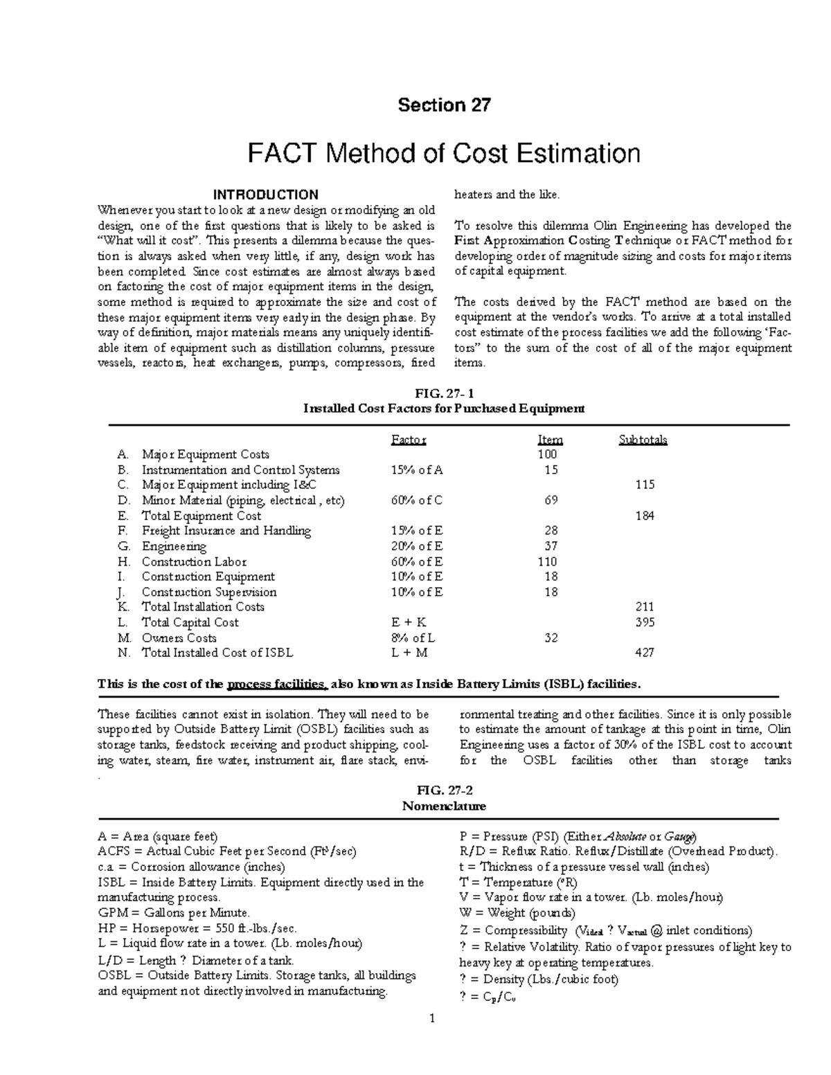 FACT Method for Cost Estimation in Industrial Plants - Section 27 - Studocu