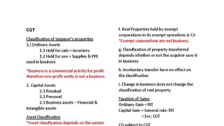 CGT Classification of Properties: Ordinary vs Capital Assets - Studocu