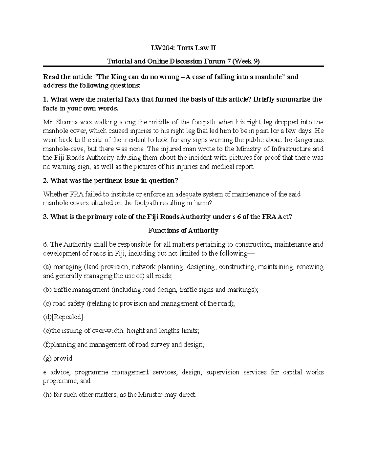 Week 9 Tutorial 7 (1) (1) - LW204: Torts Law II Tutorial and Online Discussion Forum 7 (Week 9 ...