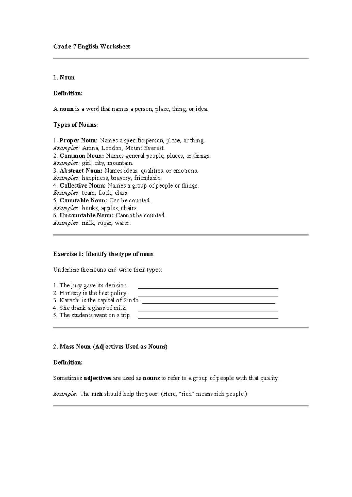 Grade 7 English Grammar Worksheet: Nouns, Pronouns & Verbs - Studocu