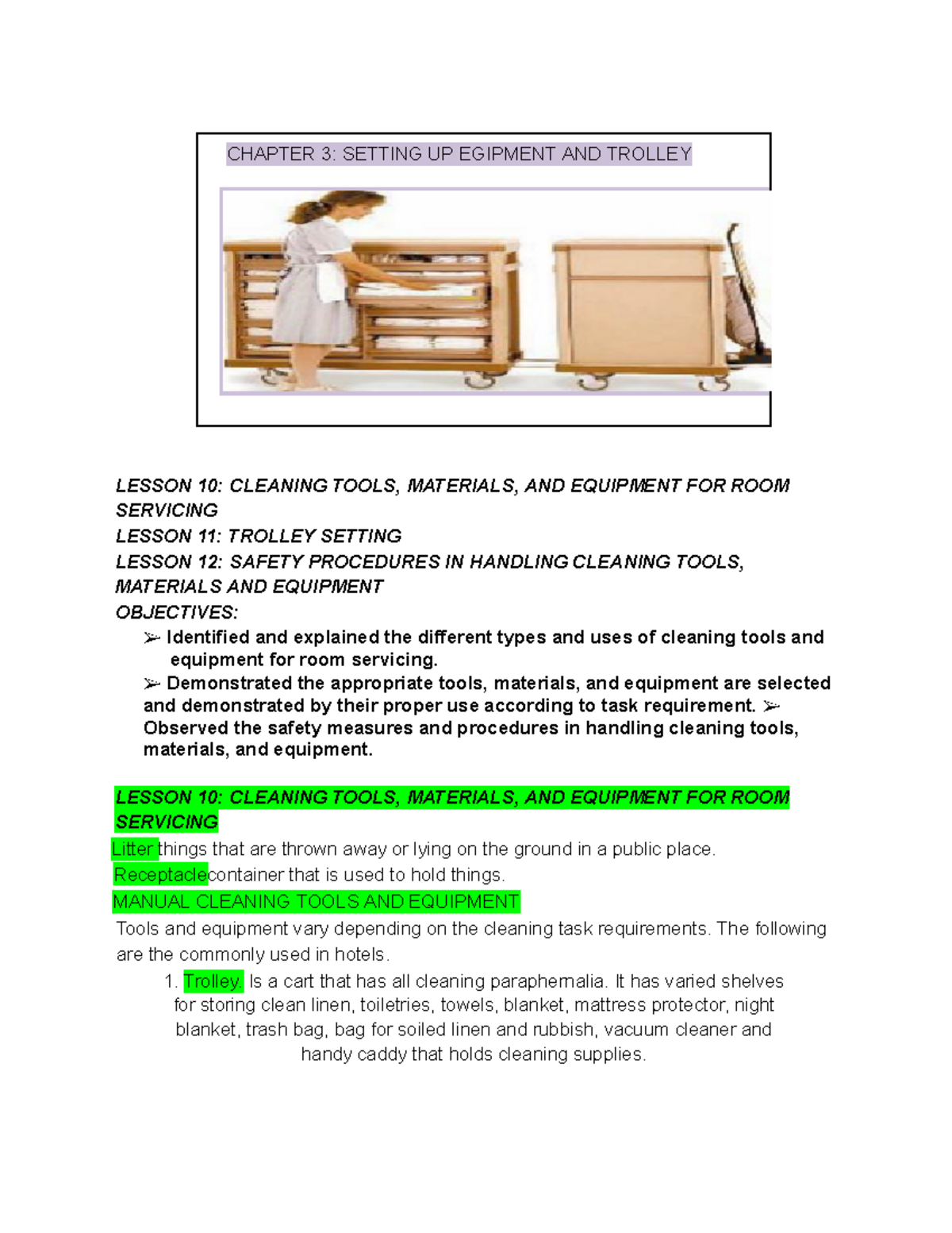 Chapter 3: Equipment Setup and Trolley Management for Housekeeping ...
