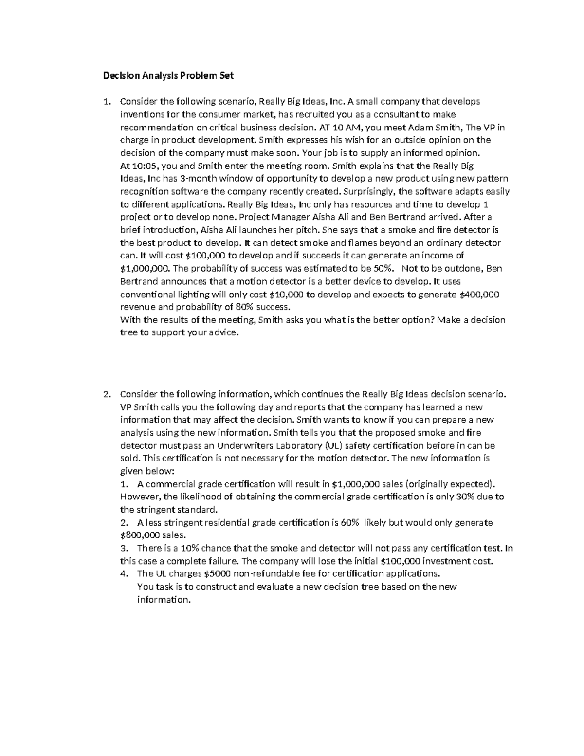 Decision Theory Problem Set 1: Analyzing Product Development Choices ...