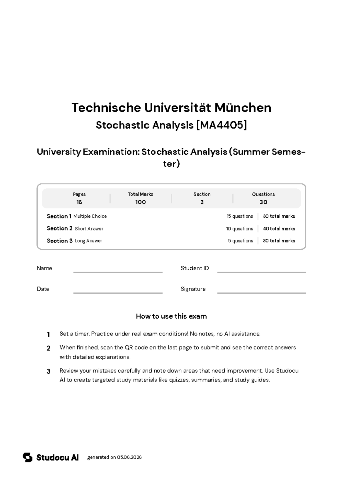 Final Exam: Stochastic Analysis (Summer Semester) - Studocu