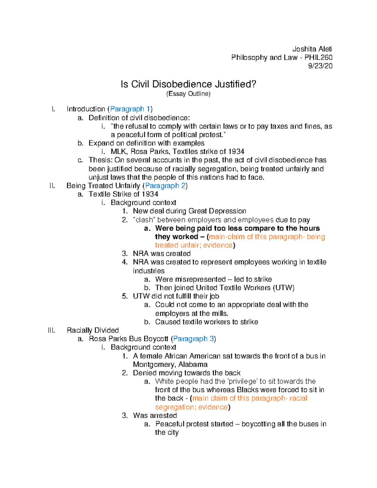 Civil Disobedience Justification - Essay Outline PHIL - Studocu