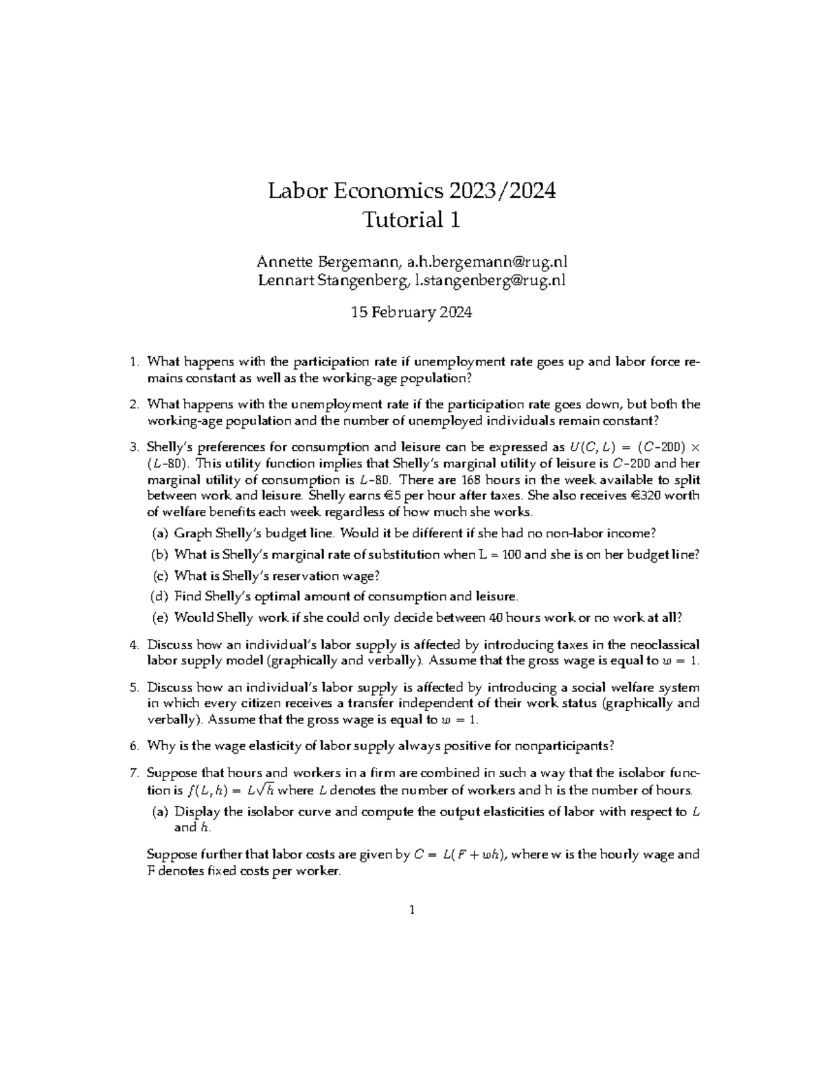 Labor Economics 2023: Tutorial 1 Overview and Discussion - Studeersnel