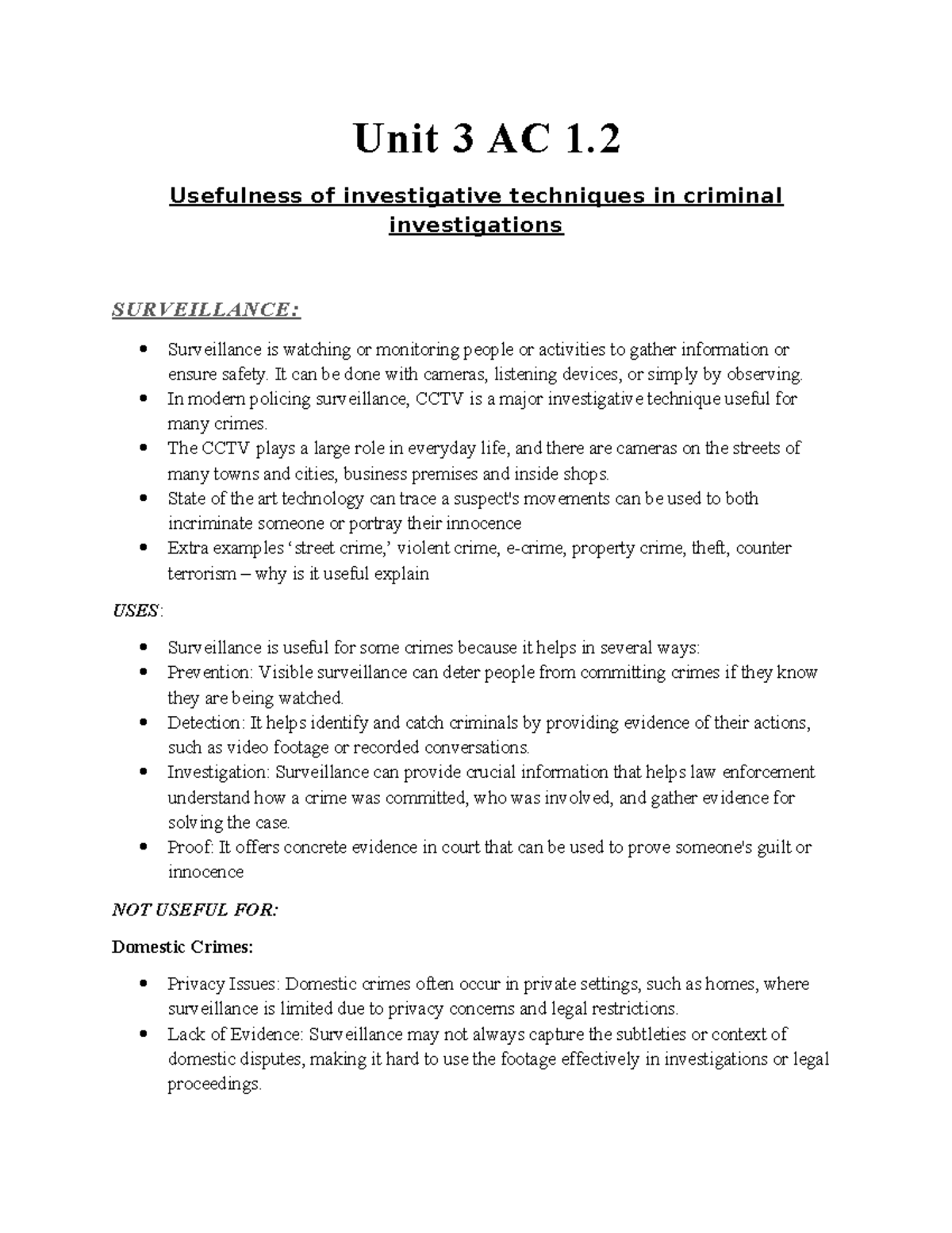 Unit 3 AC 1.2: Investigative Techniques in Criminal Investigations ...