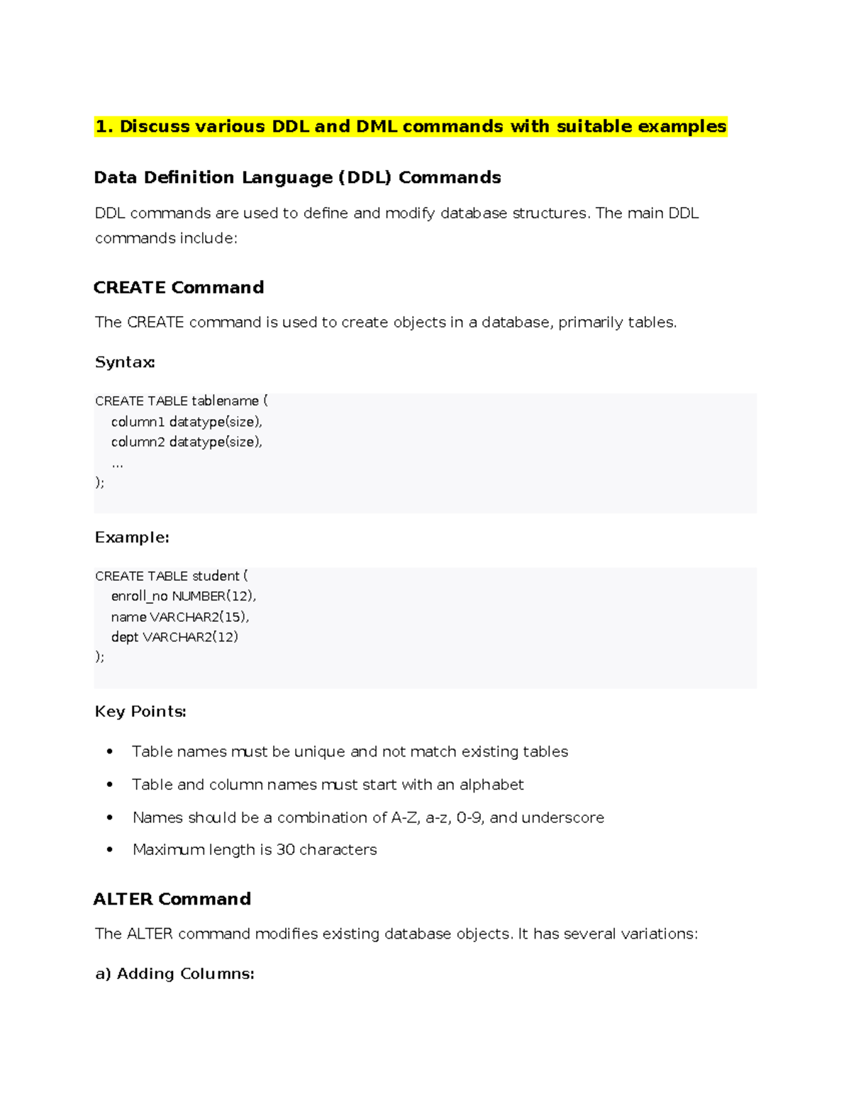 DBMS PART B - Long Answer Questions on DDL, DML, and ER Model - Studocu