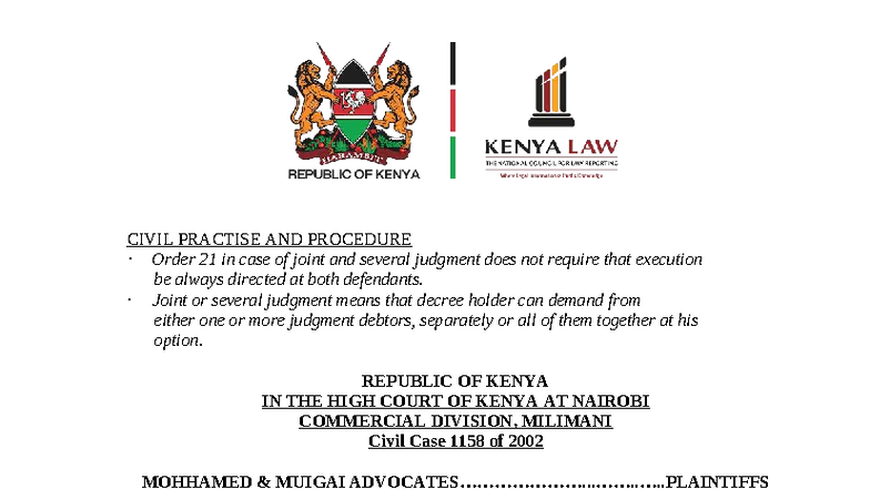 CIVIL PROCEDURE CASE STUDY: Joint & Several Judgments in Kenya - Studocu