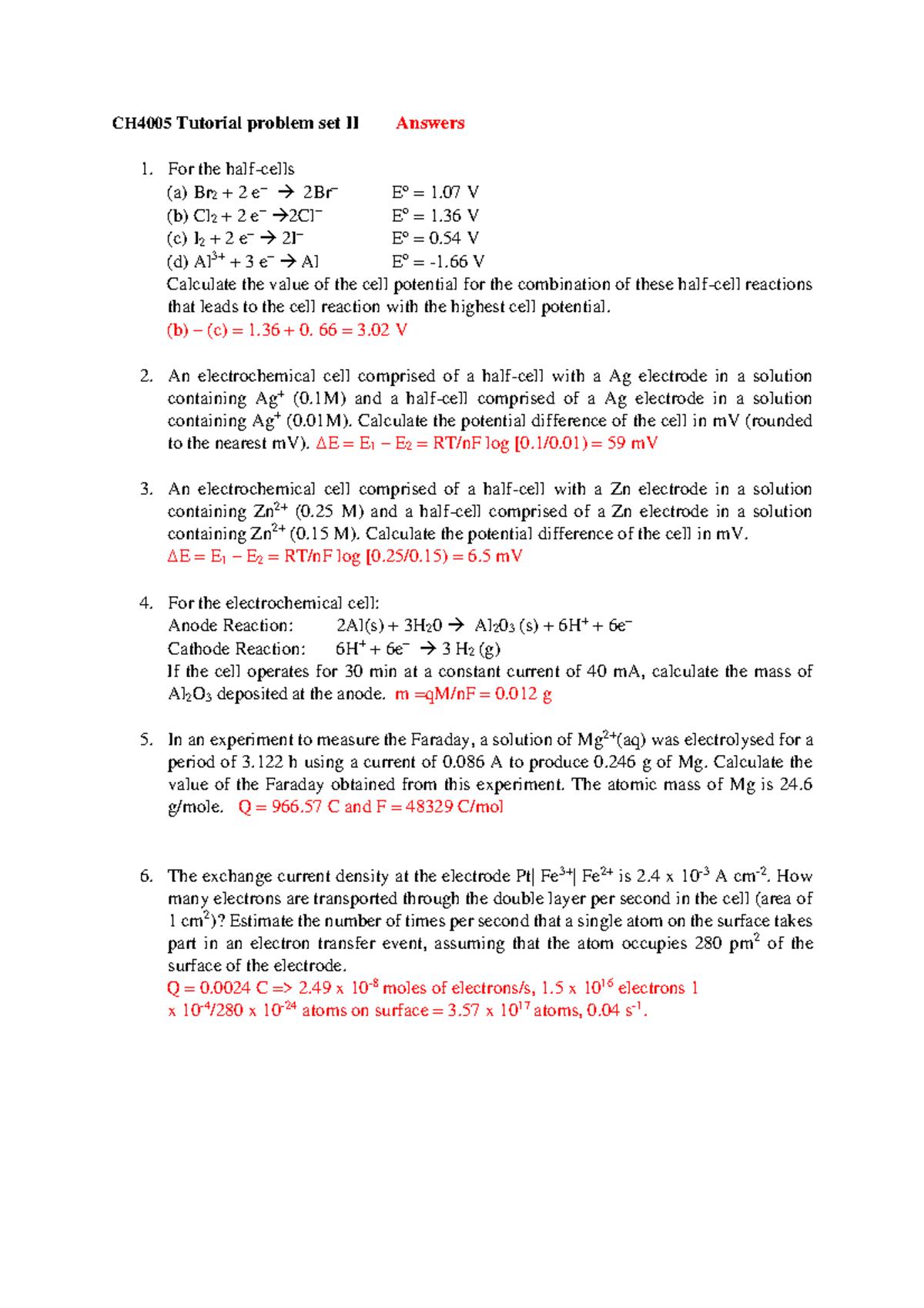 CH4005 Tutorial Problem Set II Solutions and Calculations - Studocu