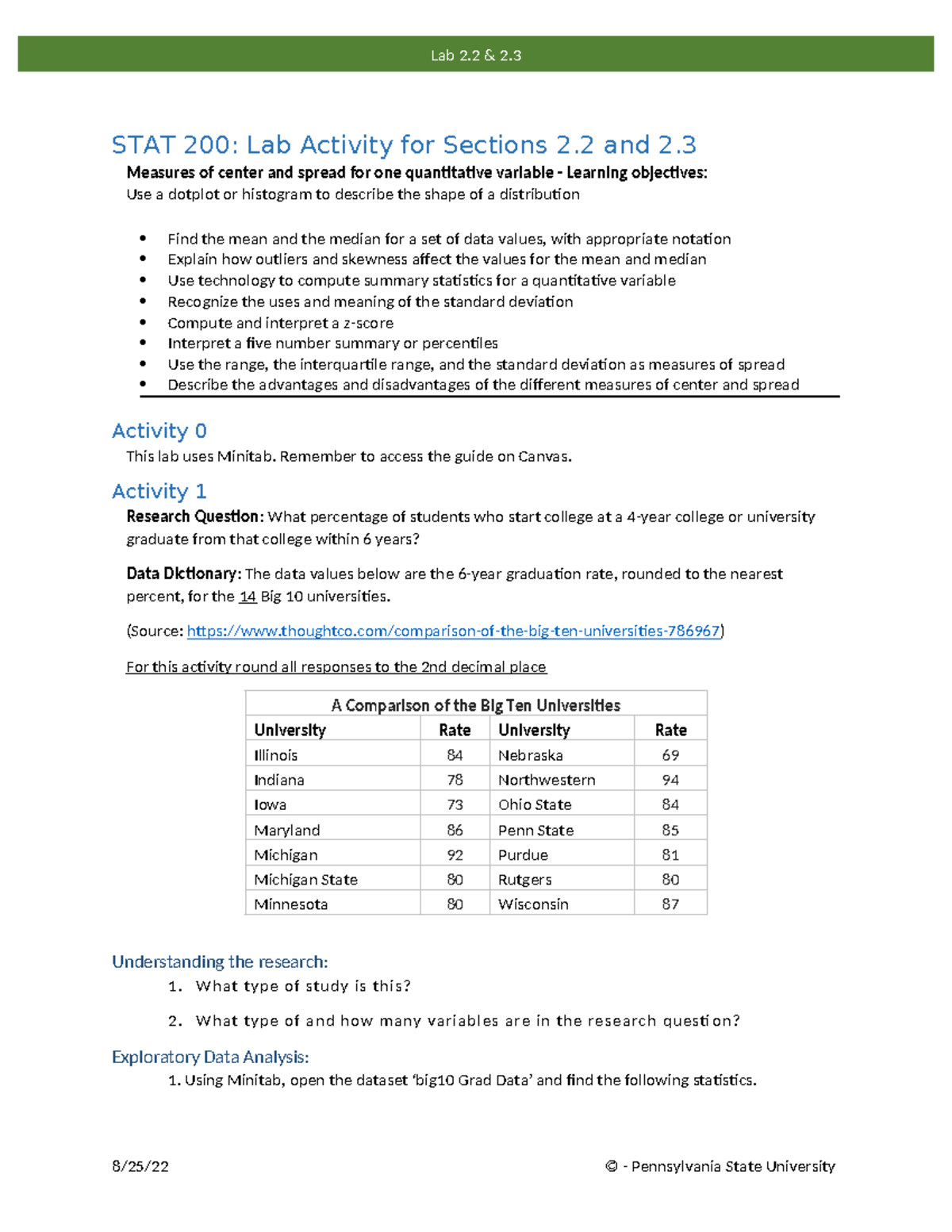 2.2 and 2.3 LAB - lab - STAT 200: Lab Activity for Sections 2 and 2. Measures of center and ...