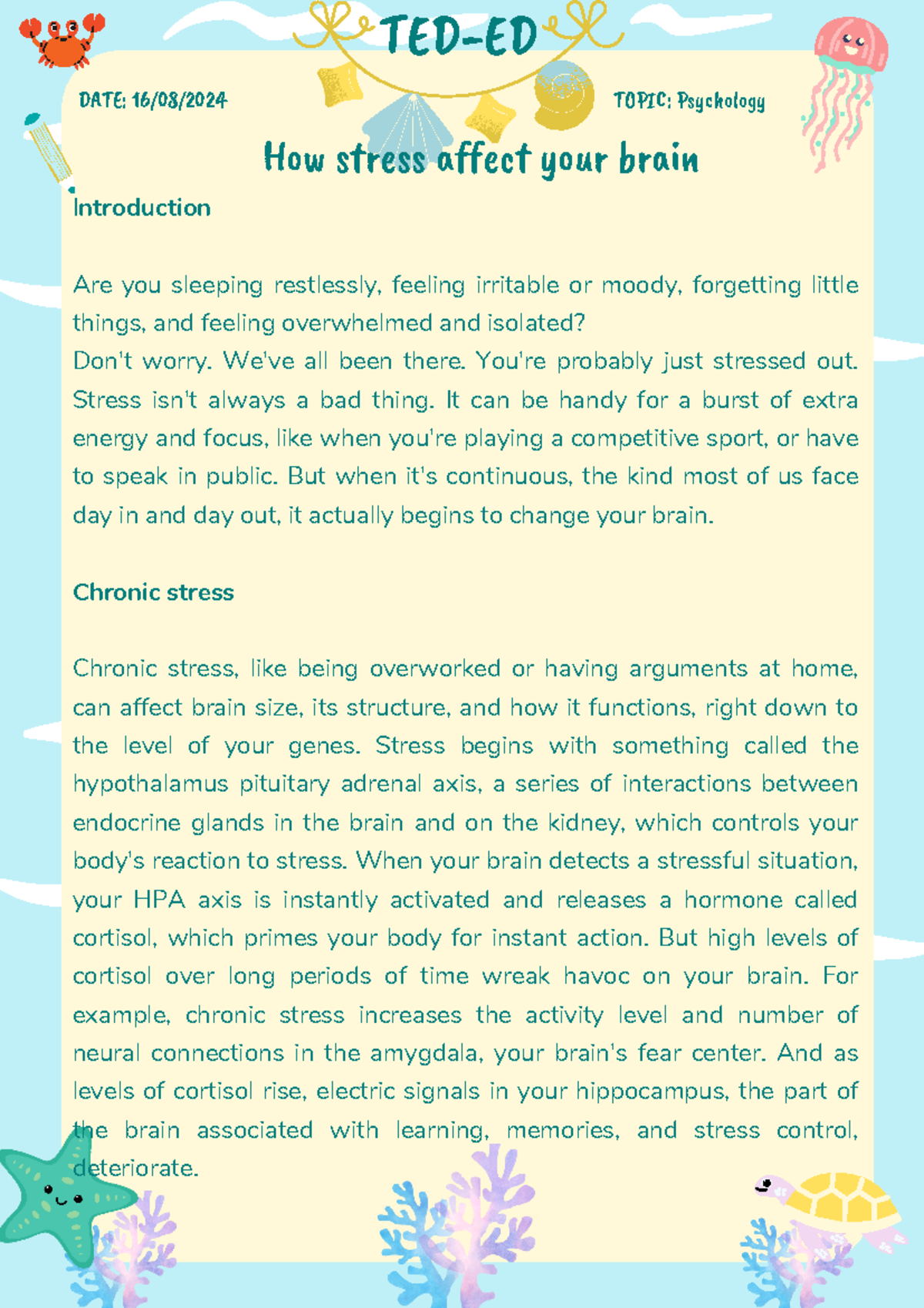 How stress affect your brain - TED-ED DATE: 16/08/2024 TOPIC ...