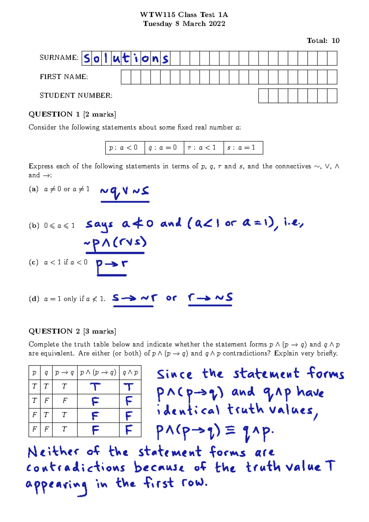 WTW115 Class Test 1 2022 (solutions) - WTW115 Class Test 1A Tuesday 8 ...