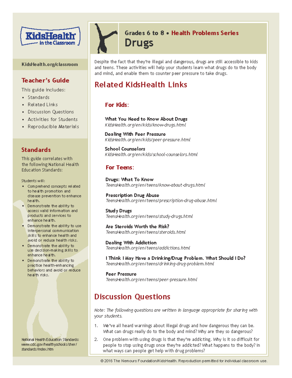 Drugs - Engaging Activities for Grades 6-8 Health Education - Studocu