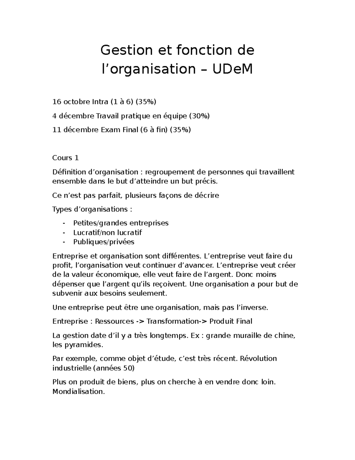 Notes de Gestion UDeM - Intra et Examens (Oct-Dec) - Studocu