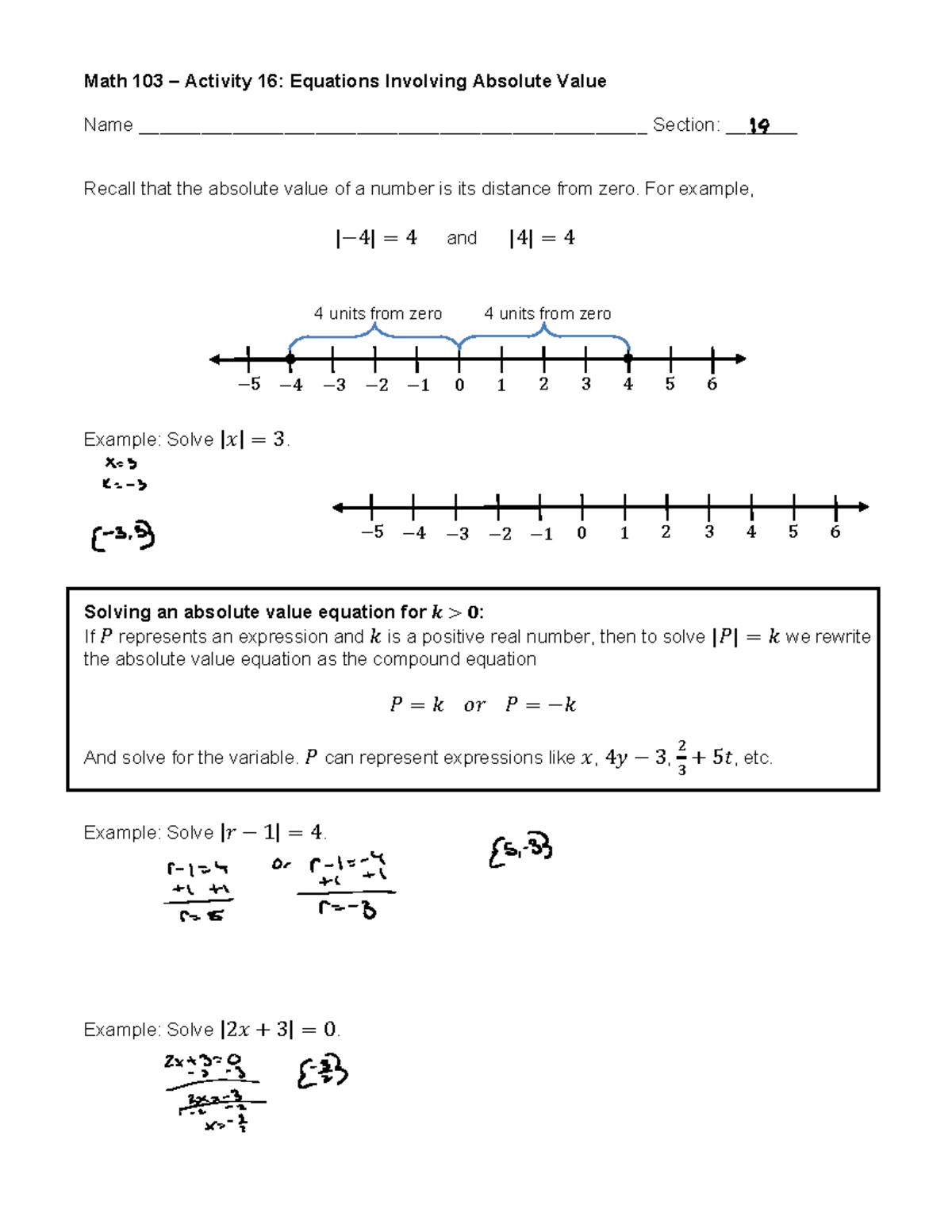 Math 103 - Activity 16: Solving Equations with Absolute Value - Studocu
