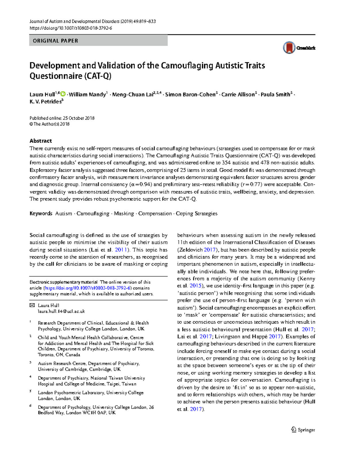 Development and Validation of the Camouflaging Autistic Traits ...